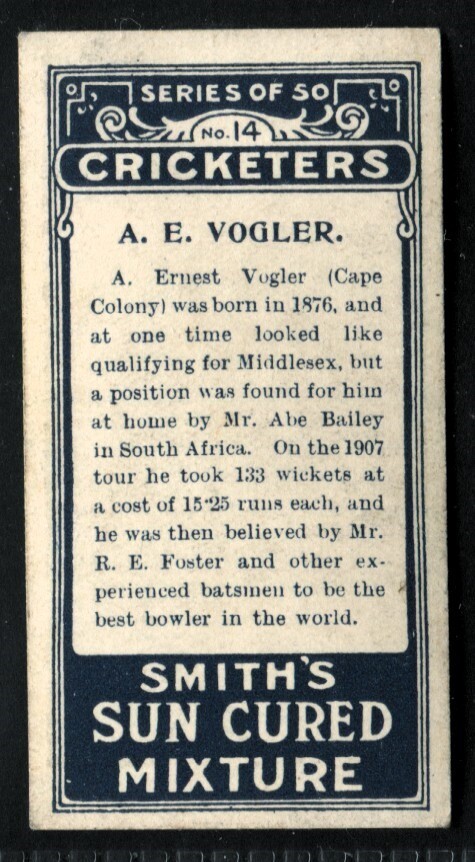Tobacco Card, F & J Smith, CRICKETERS, Cricket, 1st Series, 1912, A E ...