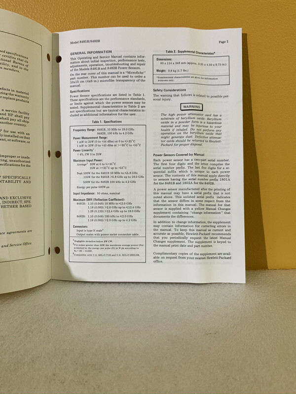 HP 8481B 8482B Power Sensor Operating and Service Manual | eBay