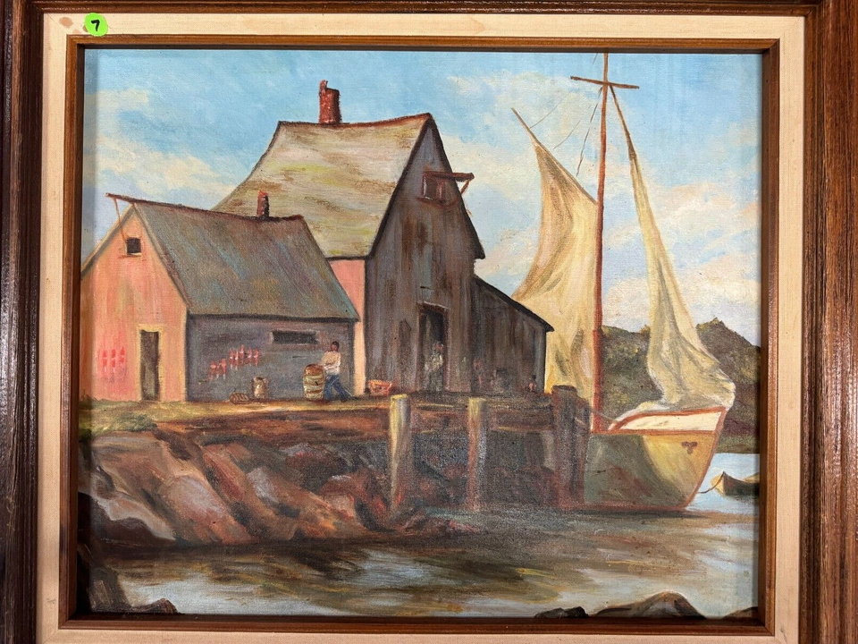 ORIGINAL VINTAGE ROCKPORT DOCK SCENE, UNSIGNED OIL ON CANVAS, MID ...