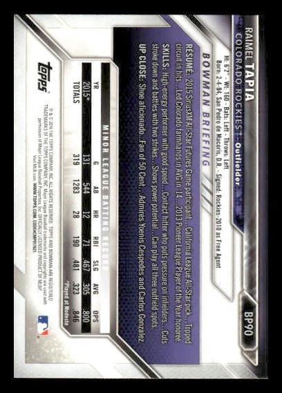 2016 Bowman #BP90 Raimel Tapia Colorado Rockies | eBay