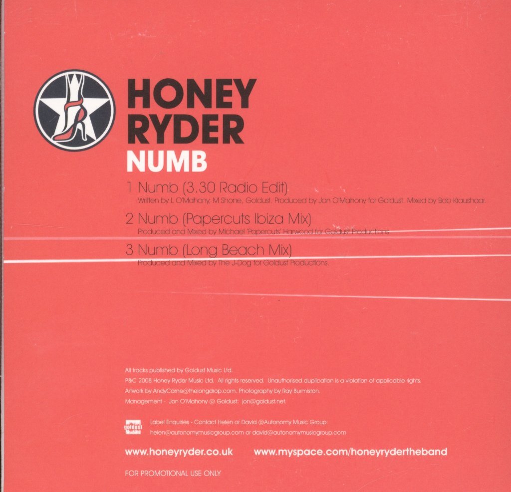 Honey Ryder Numb CD UK Autonomy 2008 promo CDR in card sleeve. Has ...