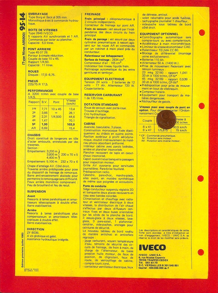 IVECO GAMME LÉGERE / 95 - 14 / CHASSIS PORTEUR / FICHE TECHNIQUE 1983 ...