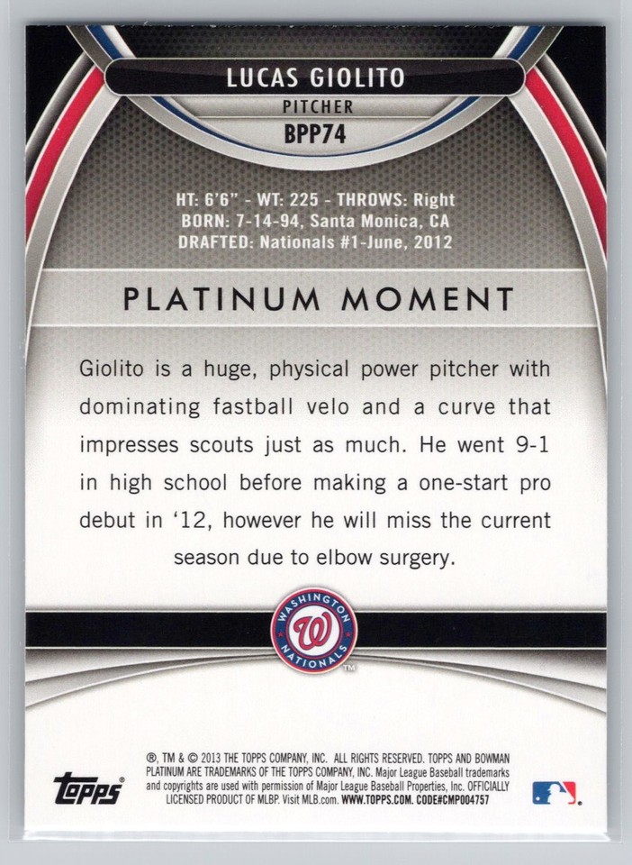 Lucas Giolito 2013 Bowman Platinum Prospects #BPP74 Washington ...