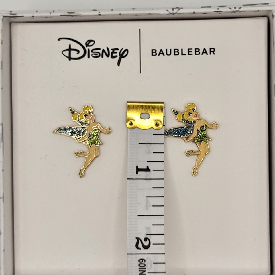 Disney Baublebar Tinker Bell Stud Earrings Glitter Blue Wings Gold Tone ...