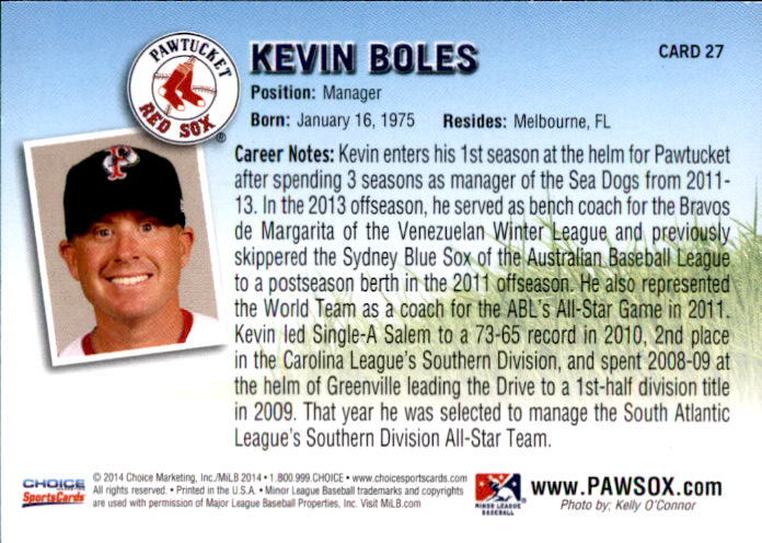 2014 Pawtucket Red Sox Choice #27 Kevin Boles Melbourne Florida FL ...