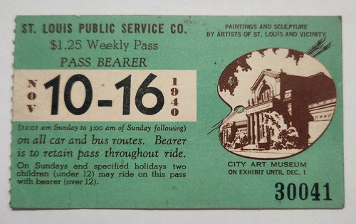 1940 Nov St Louis Public Service Tram Trolley Bus Ticket Pass - City ...