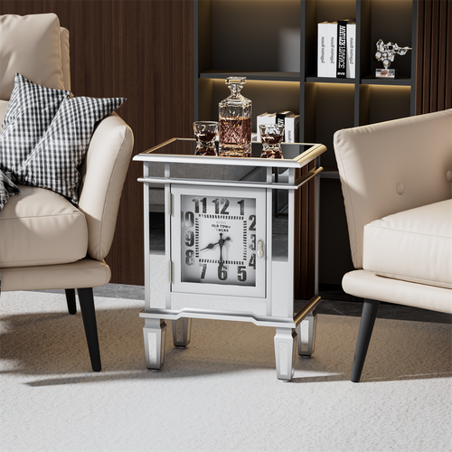 Luxury Silver Side Table Clock Mirrored Coffee Table Glass Top Living ...