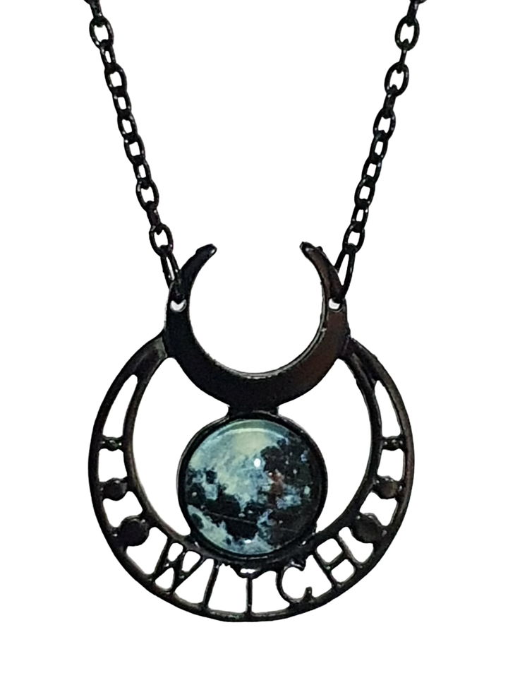 Glowing Witch Moon Necklace Black 20" Chain Glow Dark Wicca Pagan ...
