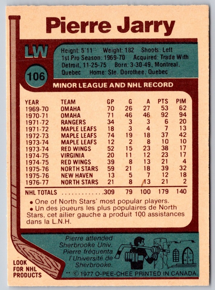 PIERRE JARRY 1977-78 O-PEE-CHEE 77-78 NO 106 NRMINT+ 53201 | eBay