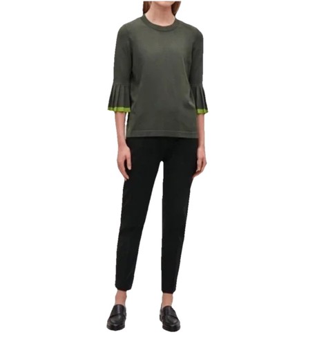 COS Pleated Sleeves Knitted Top Womens Large Dark Olive Green Preppy ...