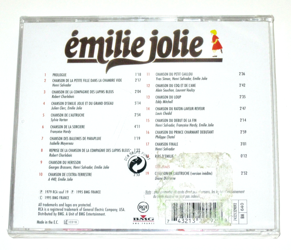 EMILIE JOLIE 1979 FRENCH STUDIO CAST CD -1995, BMG FRANCE -PHILIPPE ...