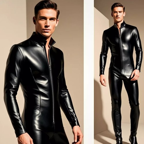 MENS PVC VINYL SHINNY CATSUIT BLACK OVERALL BIKER JUMPSUIT BODYSUIT ...