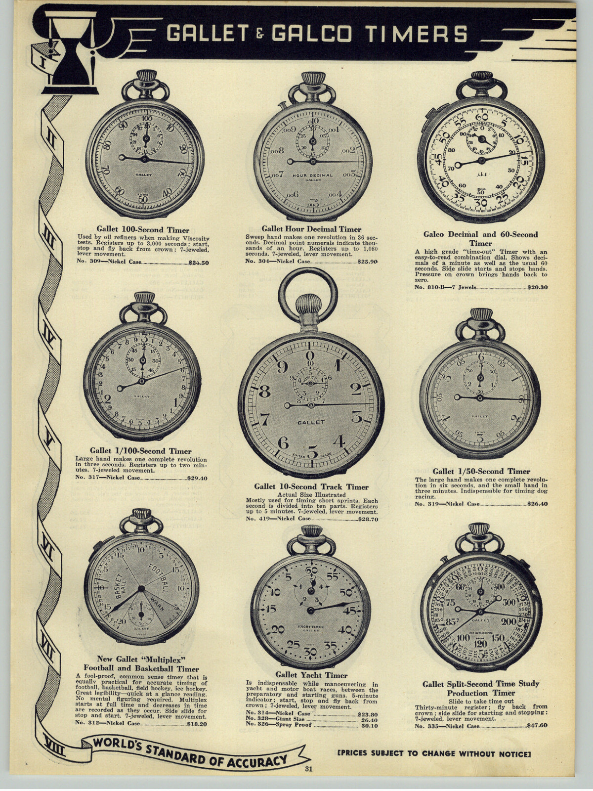 1938 PAPER AD 3 PG Guinand Gallet Galco 1/10 Th Split Second Timer ...