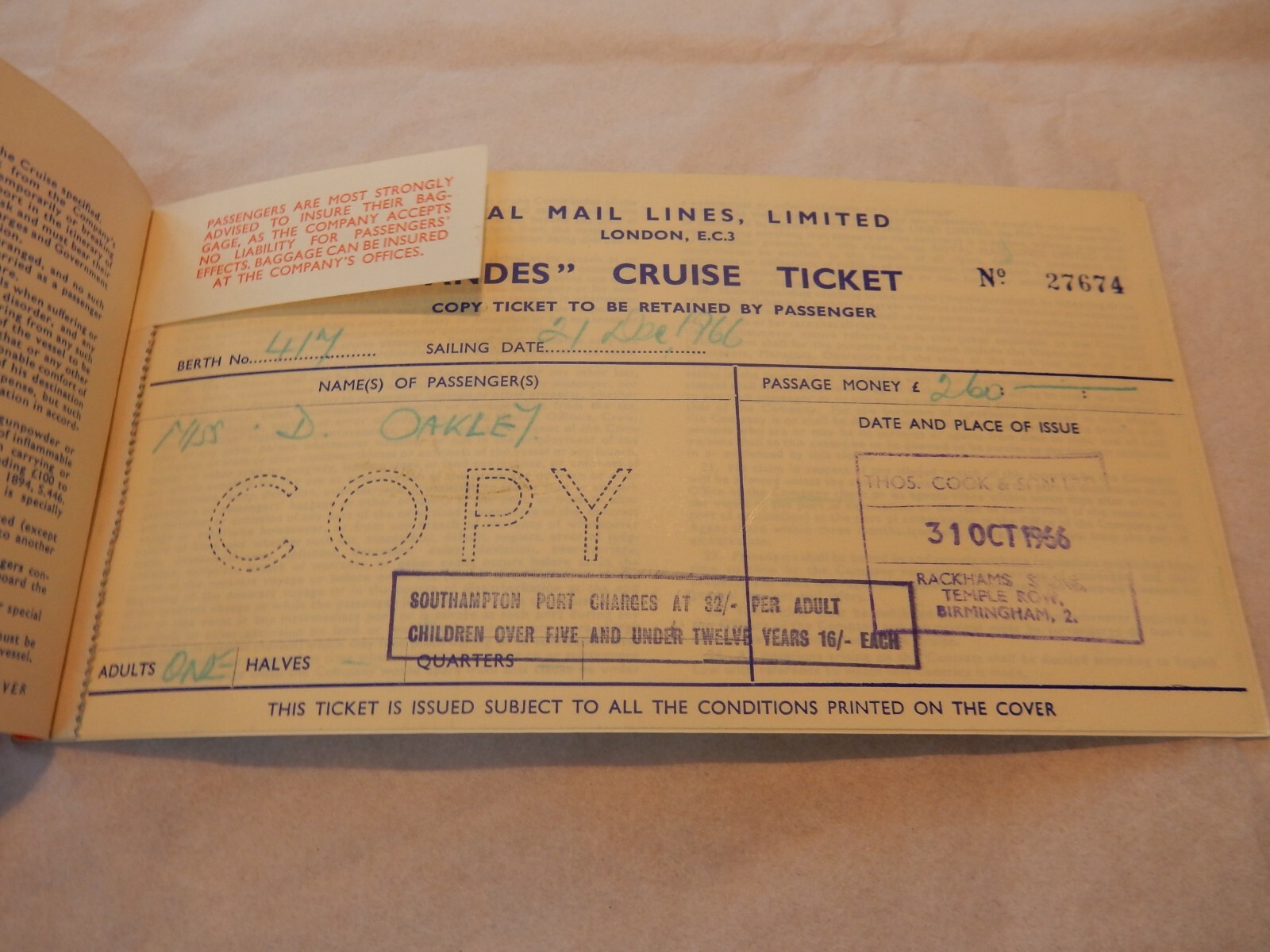 Royal Mail line LEAFLET 1966 RMS ANDES TICKET 200 X 100 mm | eBay UK