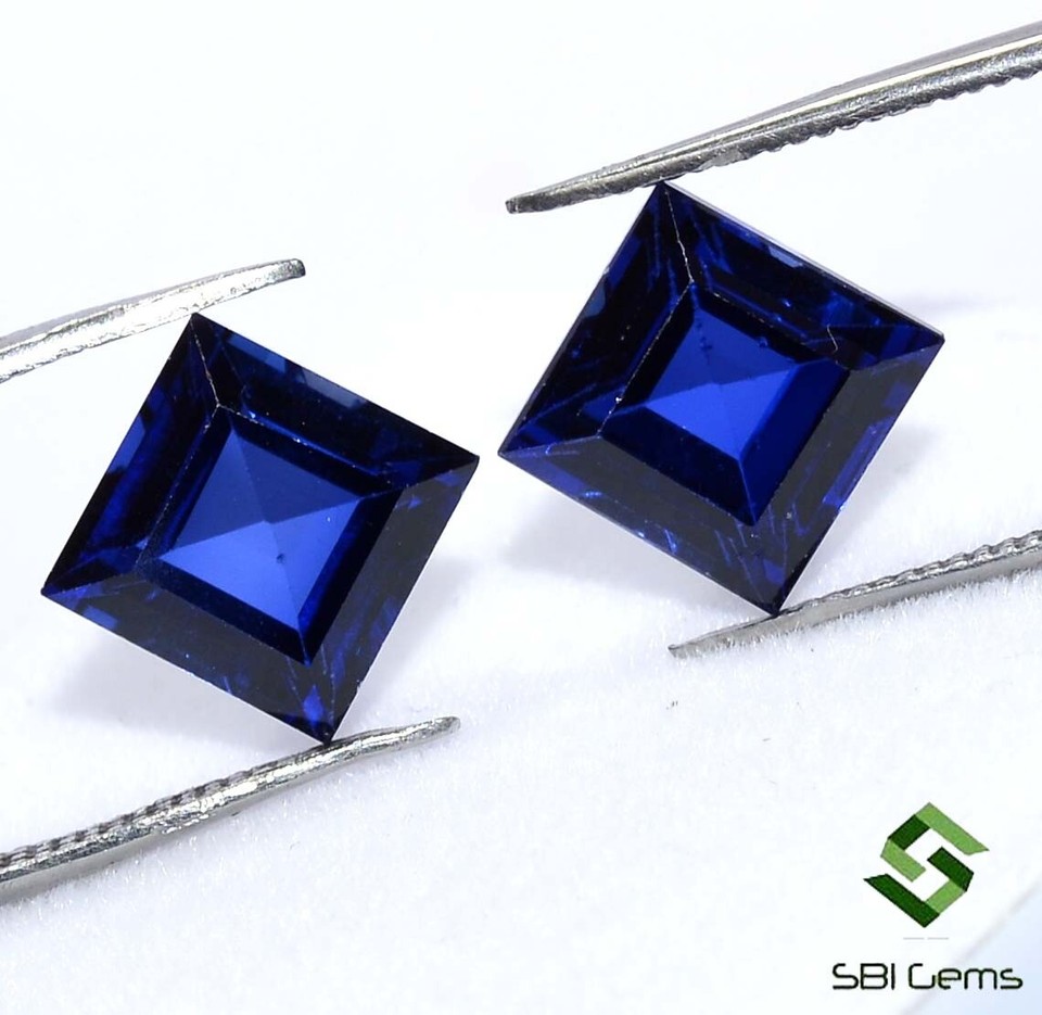8x8 mm Blue Sapphire Color Square Cut Pair 6.85 Cts Lab-Created Loose ...