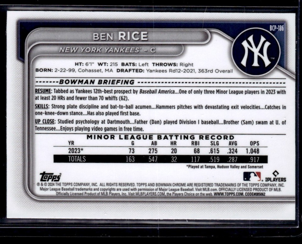 BEN RICE 2024 BOWMAN CHROME RC NEW YORK YANKEES #BCP-186 1ST BOWMAN | eBay