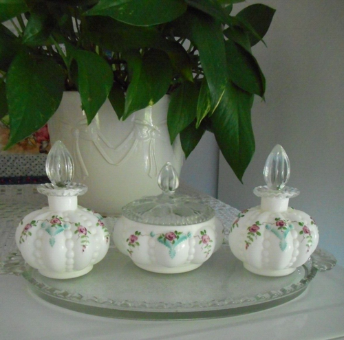 FENTON VANITY SET..POWDER BOX, TWO PERFUMES AND ONE TRAY MODERN ...