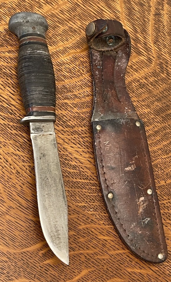 VINTAGE REMINGTON RH-50 FIXED 3 3/4" BLADE STACKED LEATHER HANDLE 8 1/4 ...