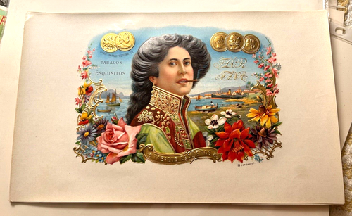 CIGAR BOX LABEL INNER PERA WOMAN SMOKING CIGAR LONG HAIR EMBOSSED /GOLD ...
