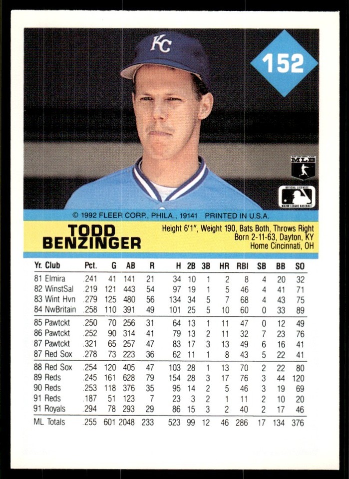 1992 Fleer Baseball Card Todd Benzinger Kansas City Royals #152 | eBay
