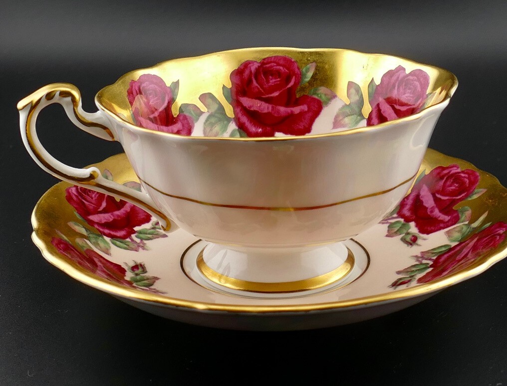 Paragon Pink 14 Red Cabbage Roses Tea Cup And Saucer Gold Trim Rare ...