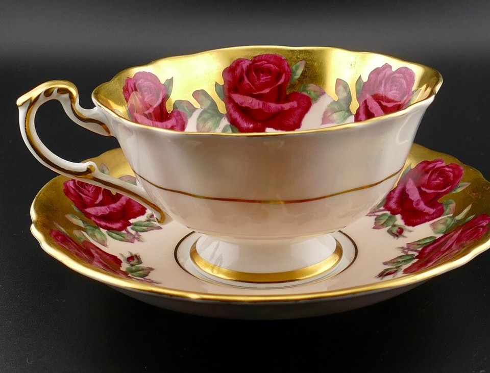 Paragon Pink 14 Red Cabbage Roses Tea Cup And Saucer Gold Trim Rare ...