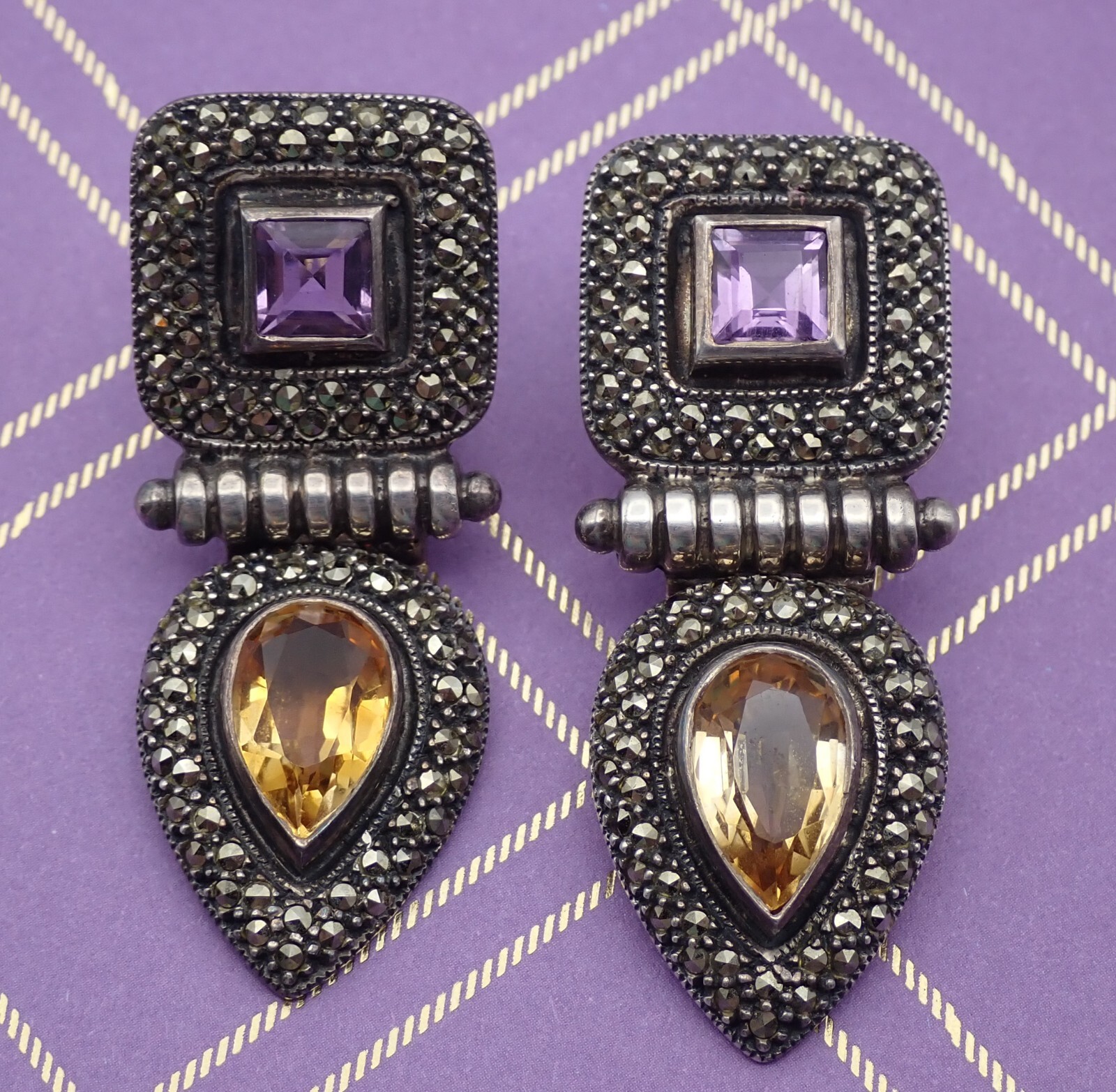 Vtg Judith Jack Citrine Amethyst Marcasite Sterling Omega Pierced ...