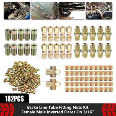 182PCS Brake Line Tube Fitting Nut Kit Female Male Inverted Flares on 3 ...