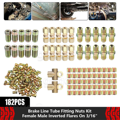 182PCS Brake Line Tube Fitting Nut Kit Female Male Inverted Flares on 3 ...