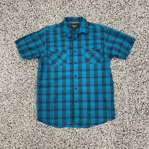 Ariat Rebar Blue Plaid Short Sleeve Button Down Shirt Medium | eBay