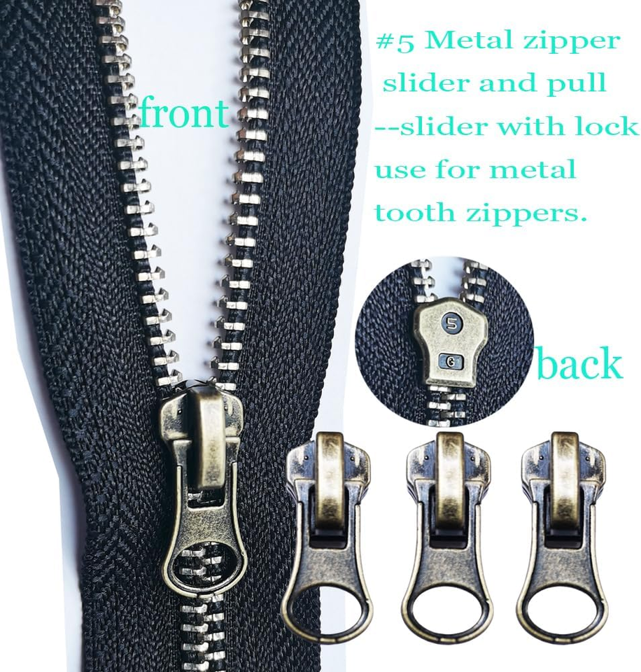 Zipper Repair Kit 39 Pcs, #5 Sliders with Pull, Metal Zippers Retainer ...