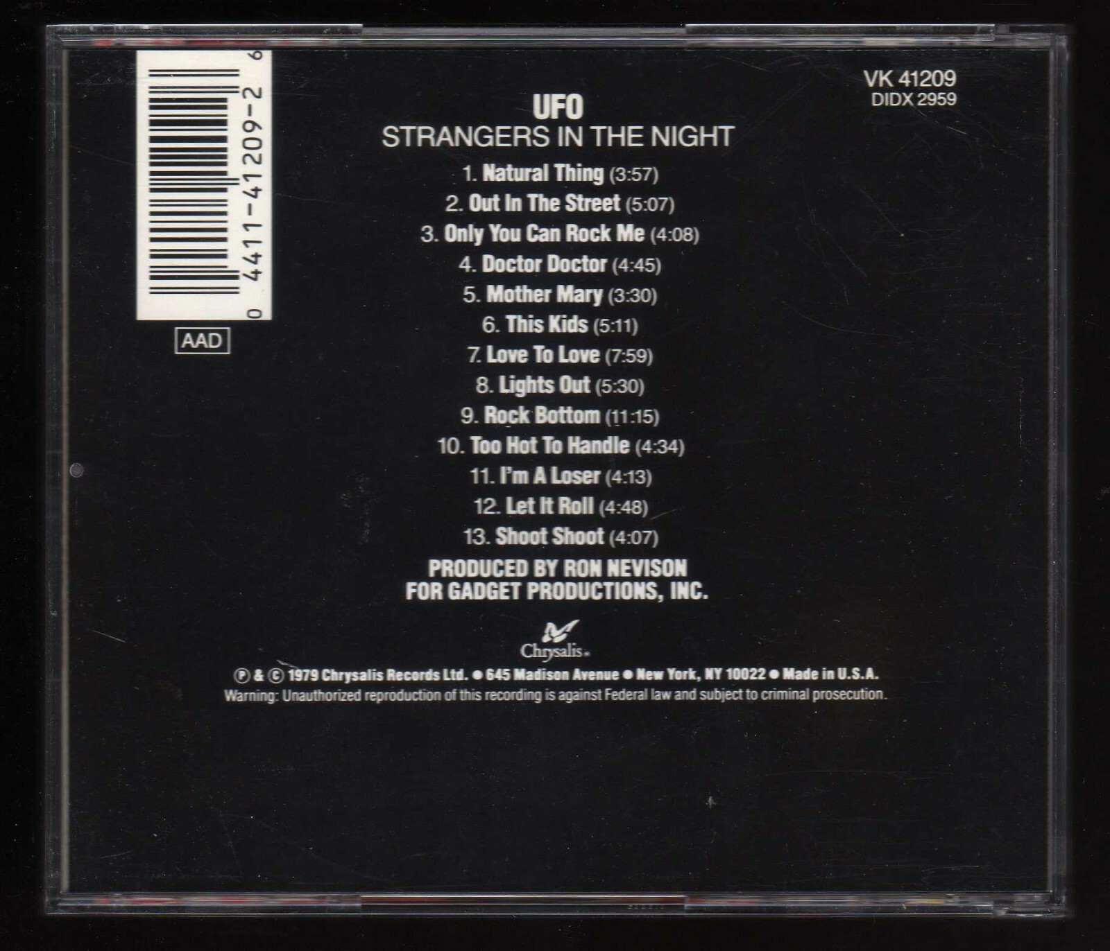 UFO: STRANGERS IN THE NIGHT CD LIVE RECORDING CHRYSALIS RECORDS EARLY ...