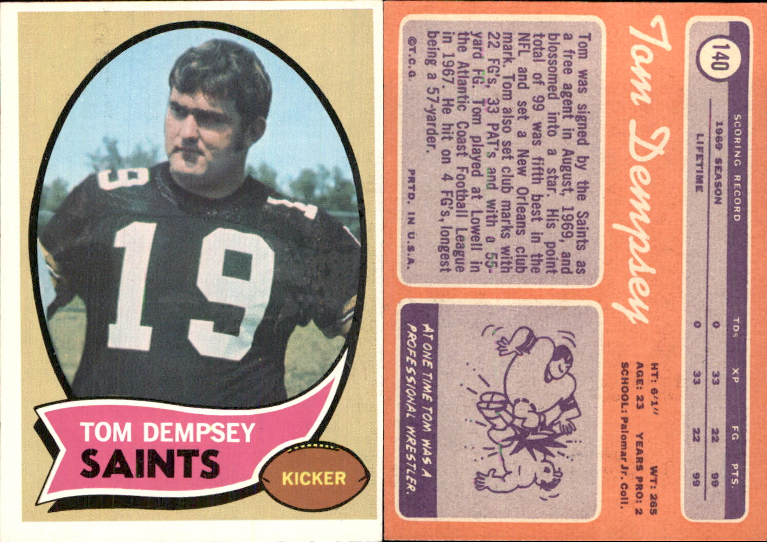 Tom Dempsey 1970 Topps #140 Card New Orleans Saints FREE SHIP ...