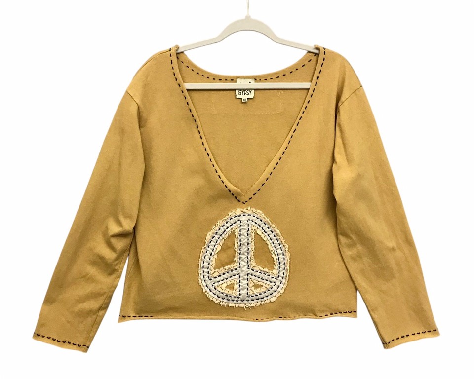 Jaded Gypsy Live Light Top Peace Sign Appliqué Spell-Out V Neck Boho Sz ...