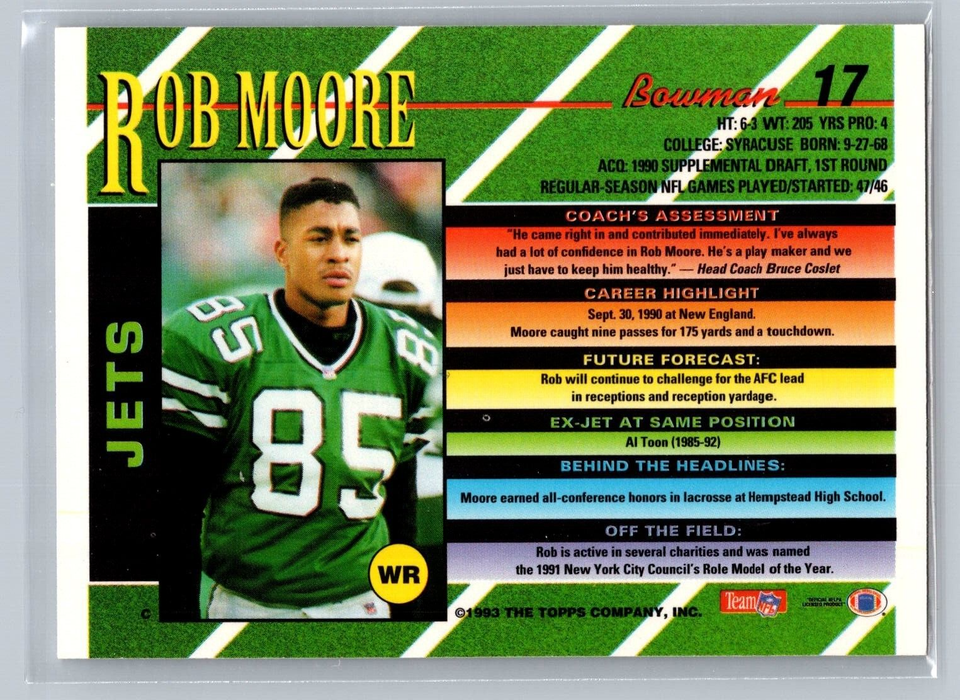 1993 TOPPS BOWMAN CARD # 17 Rob Moore - New York Jets | eBay
