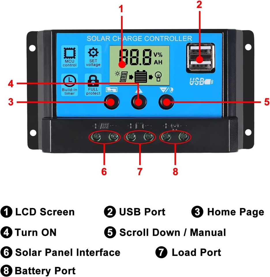30A PWM Solar Panel Regulator Battery Charge Controller LCD Dual USB ...