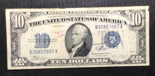 1934C $10 "Blue TEN" SILVER Certificate FINE Crispness X7087 Old US ...
