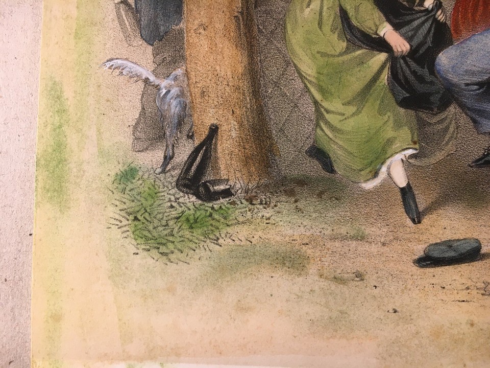 Hand-Colored Lithograph Teichel Dancing People Music Band Dog Party ...