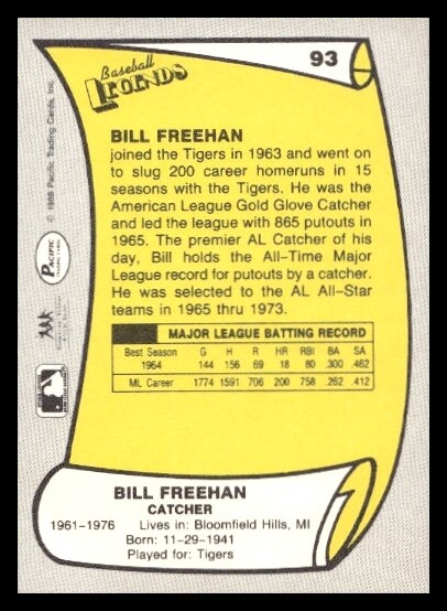 1988 Pacific Legends I #93 Bill Freehan Detroit Tigers Baseball card | eBay
