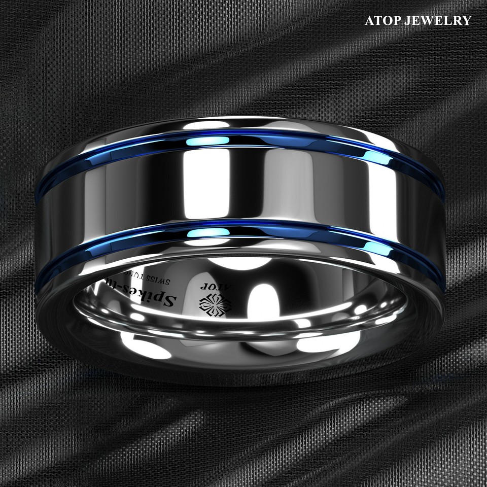 8mm Tungsten Carbide Ring Blue Grooved Line For Men Wedding Band ATOP ...