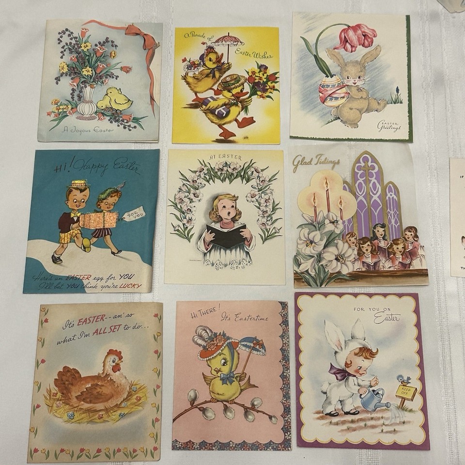 64 Vintage Easter Greeting Cards Bunnies Baskets Eggs Die Cut Feathers ...