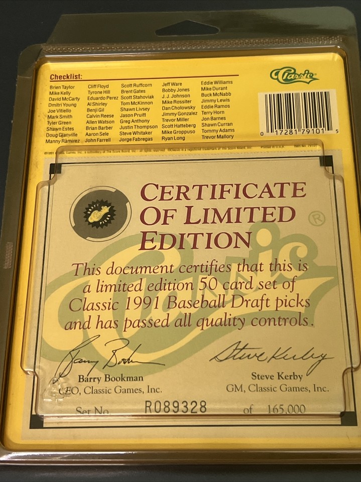 Vintage 1991 Classic Baseball Draft Picks Certificate Limited Edition ...