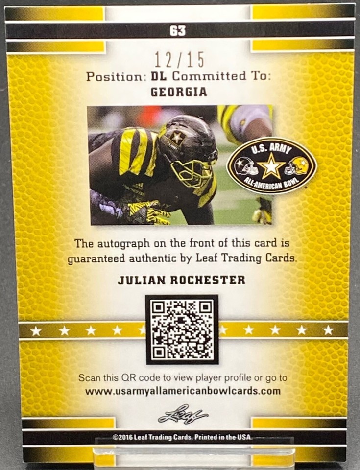2016 LEAF METAL US ARMY ALL AMERICAN BOWL AUTO JULIAN ROCHESTER GEORGIA ...