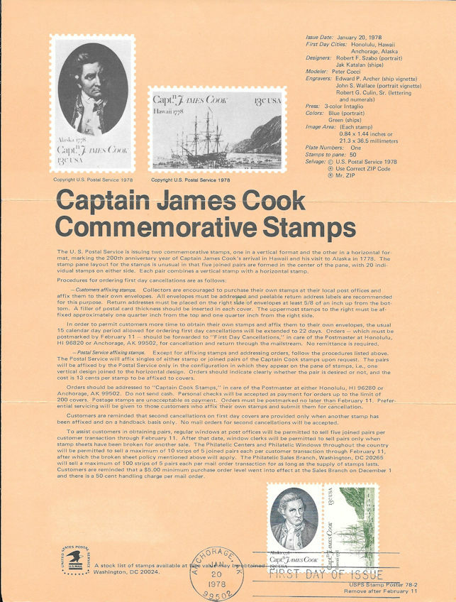 #1732 13c Captain James Cook Stamp Poster-Unofficial Souv Pge FD ...