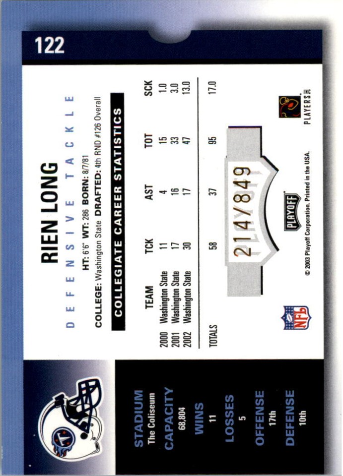 2003 Playoff Contenders #122 Rien Long Auto RC Rookie Ticket #d/849 | eBay