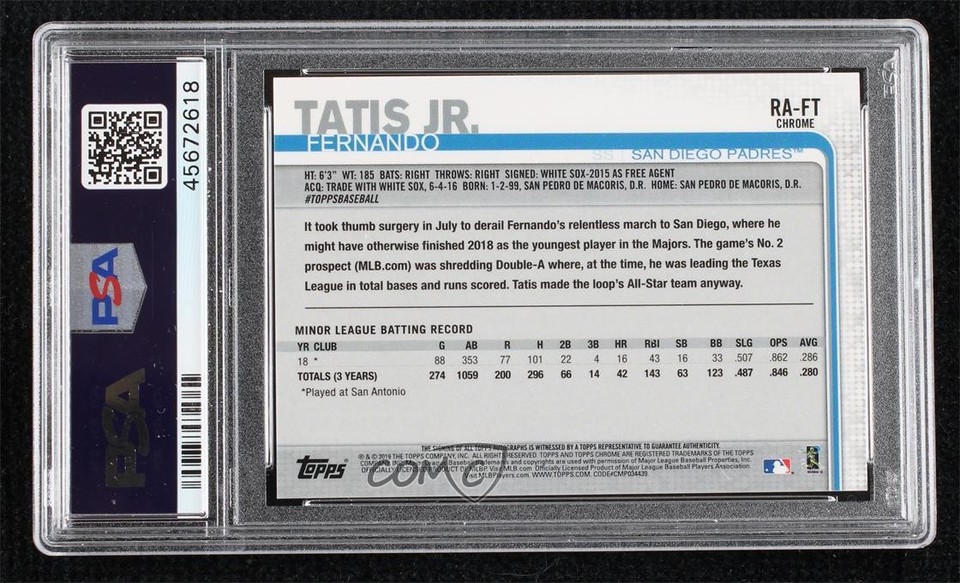 2019 Topps Chrome Rookie Fernando Tatis Jr #RA-FT PSA 10 GEM MT Auto RC ...