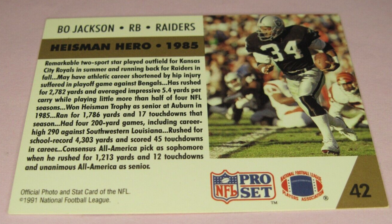 1991 NFL Pro Set #42 BO JACKSON Heisman Hero 1985 Auburn Oakland ...