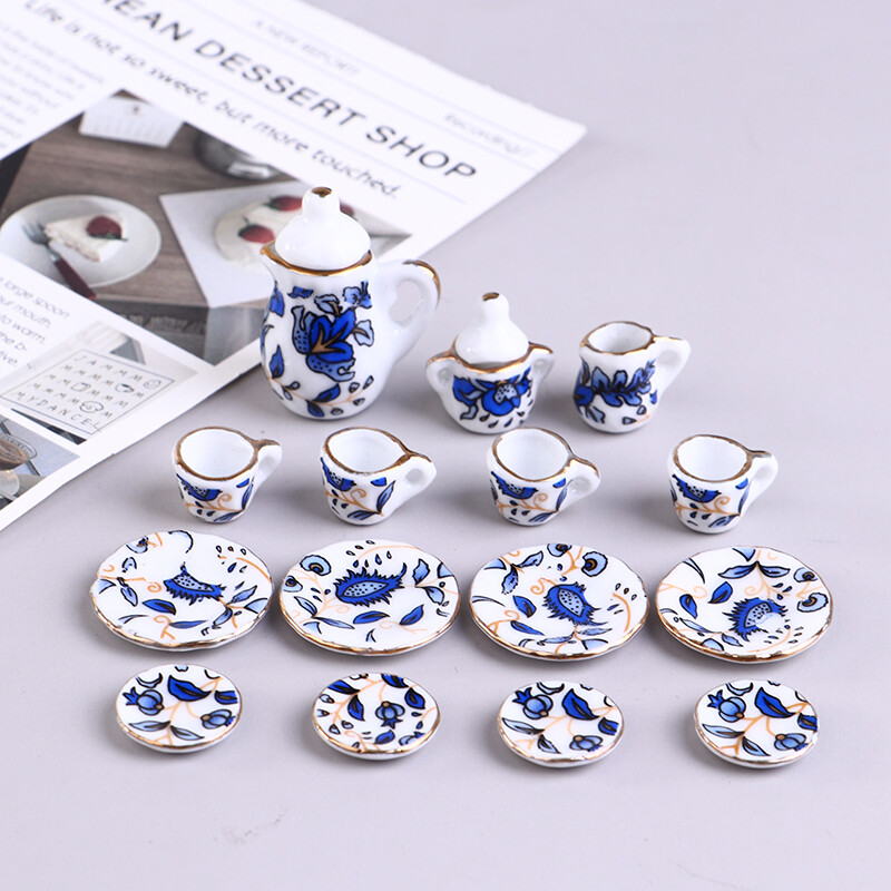 15Pcs 1:12 Dollhouse Miniature Tableware Porcelain Ceramic Tea Cup DL ...