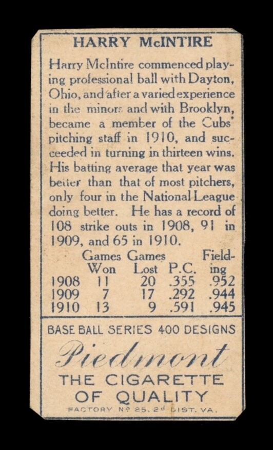1911 T205 Gold Border Set-Break Harry McIntire Piedmont LOW GRADE ...