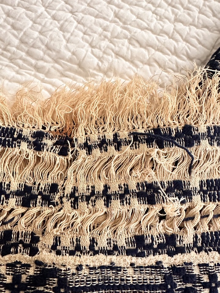 Antique primitive American indigo jacquard wool overshot coverlet ...